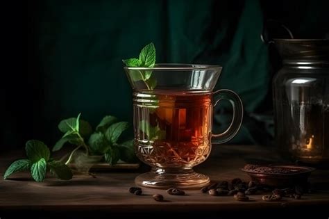 Premium Photo Mint Tea On A Dark Background Neural Network AI Generated