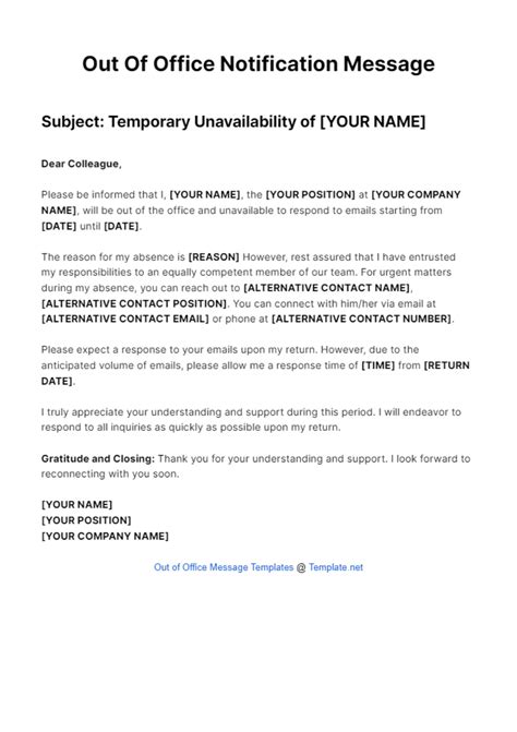 Free Out Of Office Notification Message Template To Edit Online