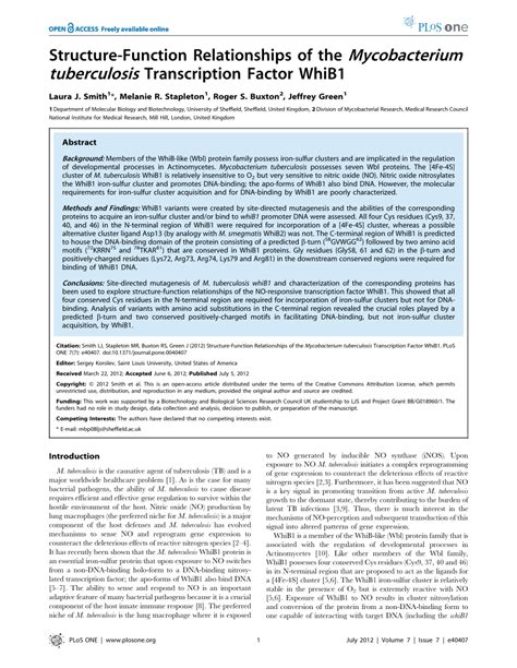 Pdf Structure Function Relationships Of The Mycobacterium Tuberculosis Transcription Factor Whib1