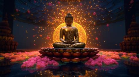 불교의 부처님 석가모니는 황금 연꽃 생성 Ai에 서 있습니다 프리미엄 사진