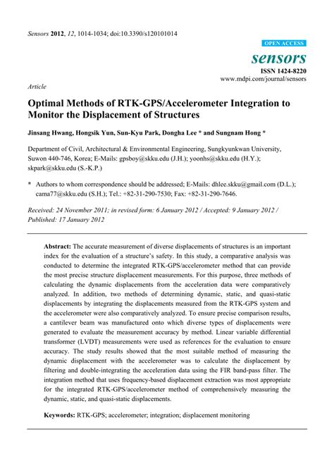 Pdf Optimal Methods Of Rtk Gps Accelerometer Integration To Monitor The Displacement Of Structures