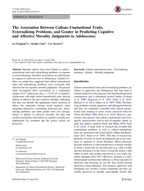 Pdf The Association Between Callous Unemotional Traits Externalizing