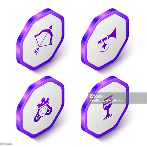 아이소메트릭 중세 활과 화살 깃발이 있는 트럼펫 공주 또는 여왕과 잔 아이콘을 설정합니다 보라색 육각형 버튼 벡터 0명에 대한