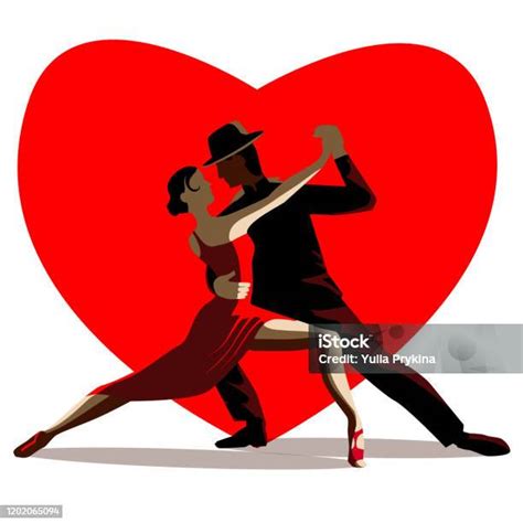 빨간 심장 배경에 탱고 춤 아름다운 커플 빨간 드레스를 입은 여성과 검은 양복과 모자를 쓴 남자 공연에 대한 스톡 벡터 아트 및 기타 이미지 Istock