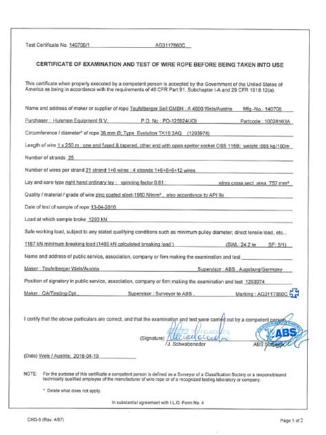 Certificate Of Examination And Test Wire Rope Before Being Take Into