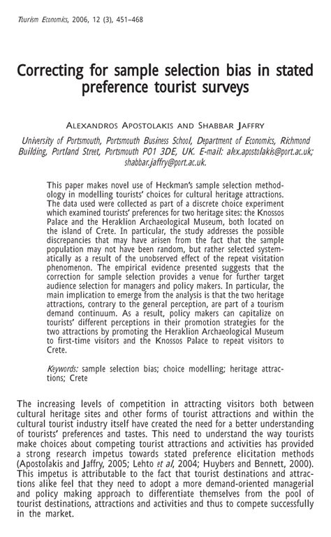 Pdf Correcting For Sample Selection Bias In Stated Preference Tourist