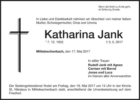 Traueranzeigen Von Katharina Jank Trauernnde