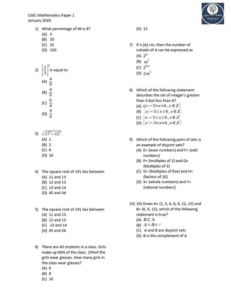 Csec Jan 2020 Paper 1 Pdf Mathematics Mathematical Concepts