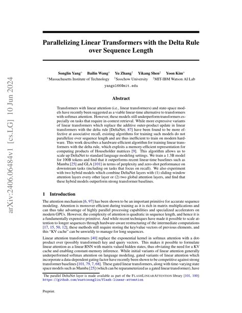 Pdf Parallelizing Linear Transformers With The Delta Rule Over Sequence Length
