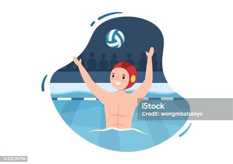 수상 폴로 스포츠 선수 플랫 만화 손으로 그린 템플릿 일러스트레이션에서 수영장에서 상대의 목표에 공을 던지기 위해 재생 경기