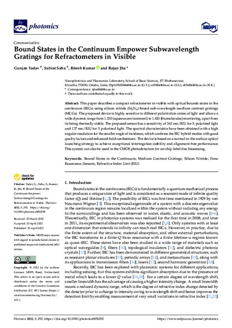 Pdf Bound States In The Continuum Empower Subwavelength Gratings For Refractometers In Visible