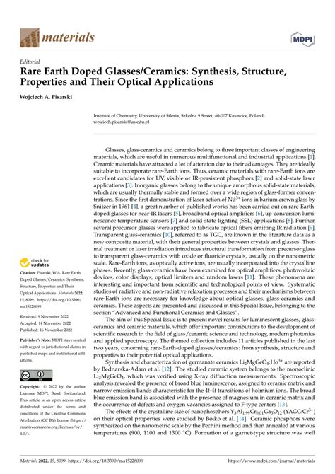 Pdf Rare Earth Doped Glasses Ceramics Synthesis Structure Properties And Their Optical