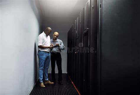 Server Room People Or Technicians With Tablet For Cybersecurity Or Internet Glitch With