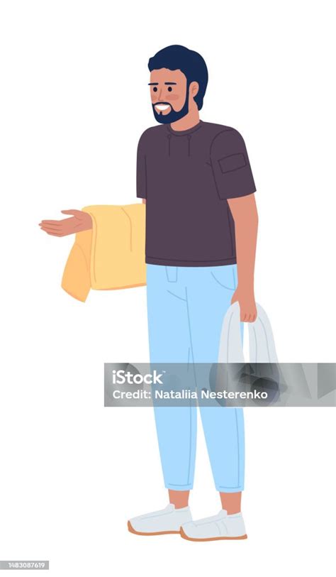 젖은 깨끗한 수건을 들고 있는 수염 난 남자 세미 플랫 컬러 벡터 캐릭터 2차 도형에 대한 스톡 벡터 아트 및 기타 이미지 2차 도형 가사 집안일 가정 생활 Istock