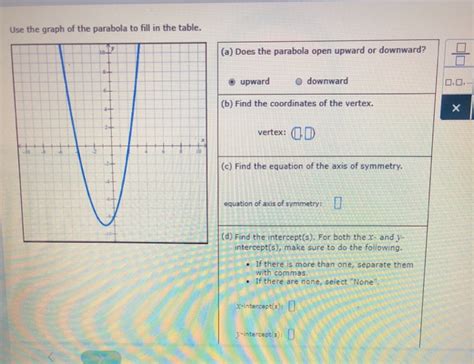solved use the graph of the parabola to fill in the table