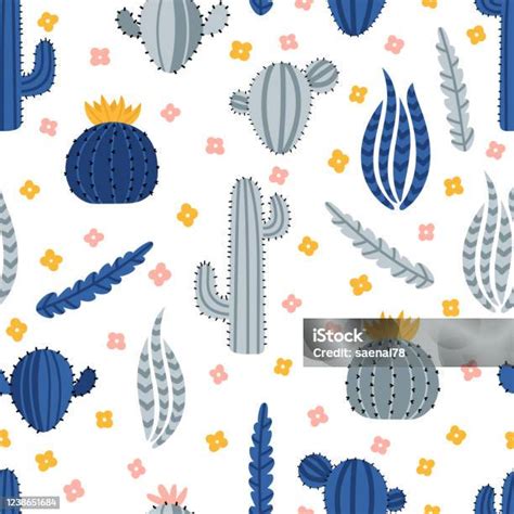 선인장과 즙이 많은 매끄러운 패턴을 그린 귀여운 손으로 직물 포장지 섬유 또는 벽지에 완벽한 질감 디자인 귀여운에 대한 스톡 벡터 아트 및 기타 이미지 Istock