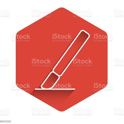 흰색 선 의료 수술 메스 도구 아이콘은 긴 그림자 배경으로 분리되어 있습니다 의료 기기 빨간색 육각형 버튼입니다 벡터 강철에 대한 스톡 벡터 아트 및 기타 이미지 Istock
