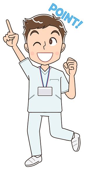 희끄무레한 유니폼을 입은 젊은 간호사 그는 긍정적 인 감정을 가지고있다 가리키기에 대한 스톡 벡터 아트 및 기타 이미지 가리키기 간호사 건강관리와 의술 Istock