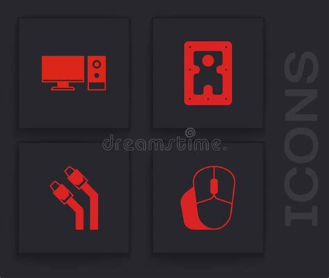 Set Computer Mouse Monitor Hard Disk Drive Hdd And Lan Cable Network
