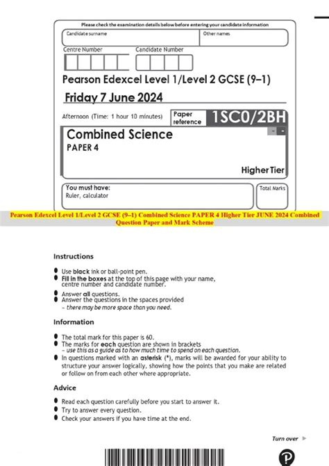 Pearson Edexcel Level 1 Level 2 Gcse 9 1 Combined Science Paper 4 Higher Tier June 2024