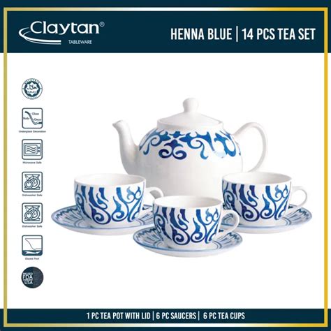 Claytan Henna 14 Pcs Ceramic Tea Set Lead Safe And Microwave Safe