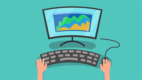 컴퓨터를 사용 하 여 비즈니스 마케팅 벡터 일러스트 레이 션의 그래프와 손 개인용 컴퓨터와 스크린 개념에 대 한 정보 개념에 대한 스톡 벡터 아트 및 기타 이미지 Istock