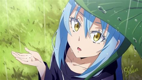 An Anime Girl With Blue Hair And Yellow Eyes In The Rain Holding Her