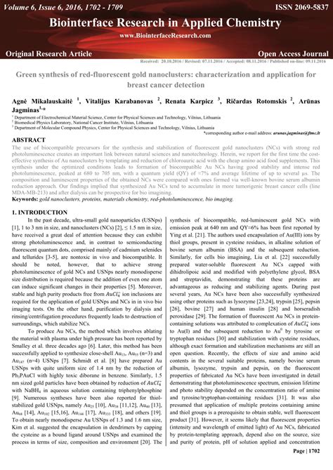 Pdf Green Synthesis Of Red Fluorescent Gold Nanoclusters Characterization And Application For