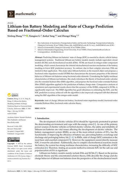 Pdf Lithium Ion Battery Modeling And State Of Charge Prediction Based On Fractional Order Calculus