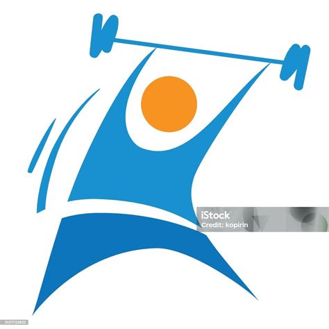 로고 바벨이 머리 위로 파란색으로 올라간 역도 선수의 양식화된 인물 스포츠 대회 올림피아드 흰색 배경에 고립된 개체 벡터 경쟁에