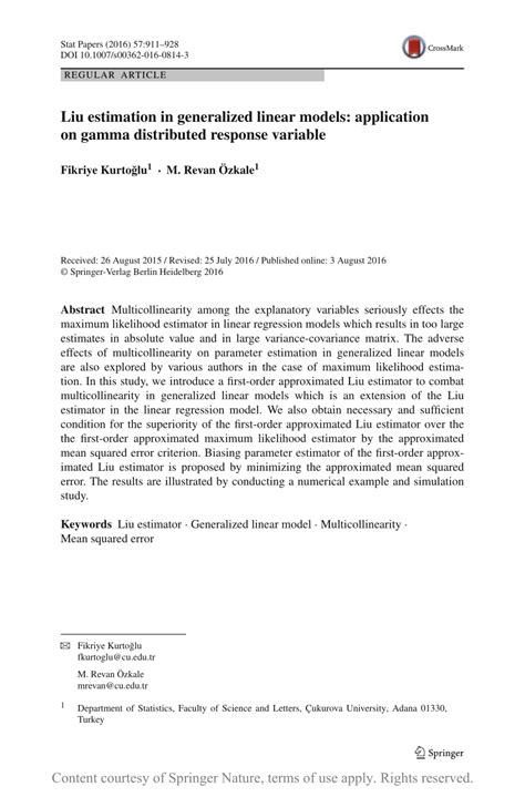 Liu Estimation In Generalized Linear Models Application On Gamma Distributed Response Variable