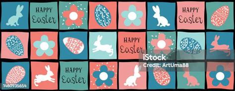 행복한 부활절 배너입니다 타이포그래피 꽃 계란 토끼가 있는 수평 부활절 디자인 현대적인 미니멀리즘 스타일 개념에 대한 스톡 벡터 아트 및 기타 이미지 Istock