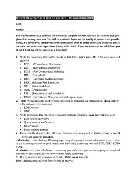 Test For Enumerators Pdf Sampling Statistics Focus Group