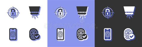 Set Fingerprint Lock Mobile With Fingerprint Scanner And Fire Sprinkler System Icon Vector