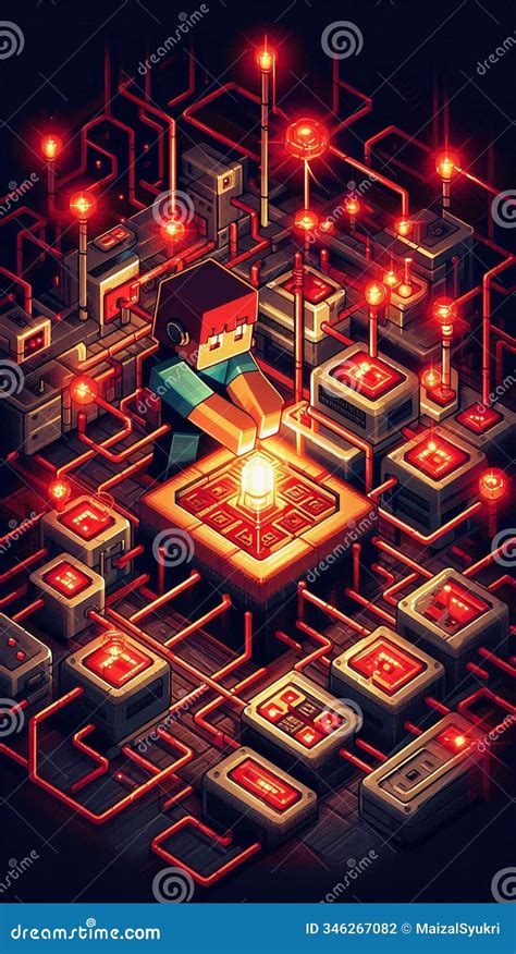 A Minecraft Engineer Handling Redstone Circuitry Perfect For Tech Themed Gaming Posters Or