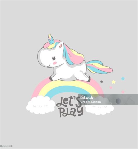 유니콘 꿈 큰 무지개 마술 포스터 디자인입니다 무지개 위에 작은 경적 조랑말과 함께 요정 영감 아이 인쇄 템플릿을 실행 합니다