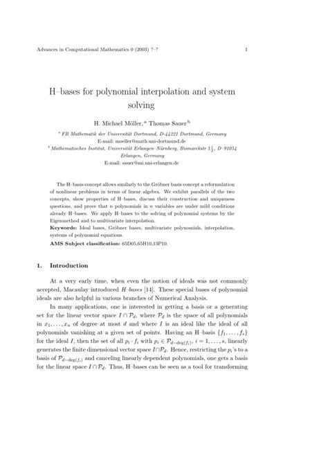 pdf h bases for polynomial interpolation and system solving