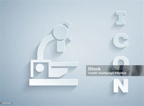 회색 배경에 격리 된 용지 절단 현미경 아이콘 화학 제약 기기 미생물학 확대 도구 종이 아트 스타일 벡터 3차원 형태에 대한 스톡 벡터 아트 및 기타 이미지 Istock