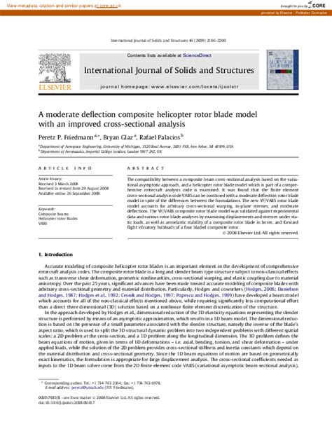Pdf A Moderate Deflection Composite Helicopter Rotor Blade Model With An Improved Cross