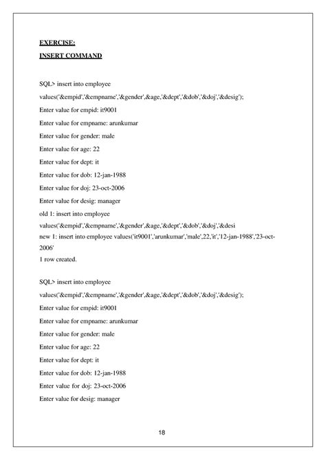 high level command exercise insert command sql insert into employee