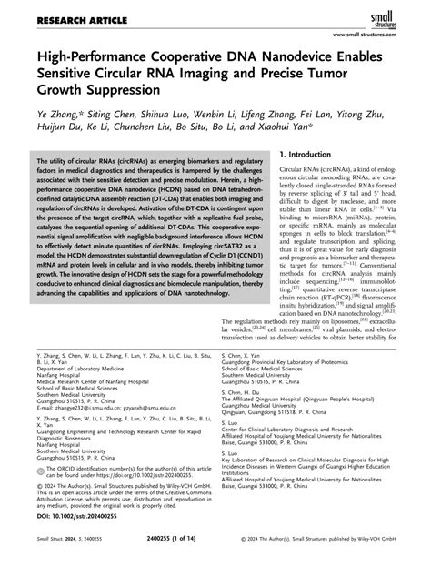 Pdf High‐performance Cooperative Dna Nanodevice Enables Sensitive Circular Rna Imaging And