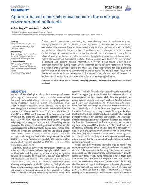 Aptamer Based Electrochemical Sensors For Emerging Environmental