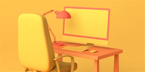 컴퓨터 의자 및 커피 컵이있는 만화 작업 사무실 프리랜서 3d 그림 공간을 복사합니다 0명에 대한 스톡 사진 및 기타 이미지