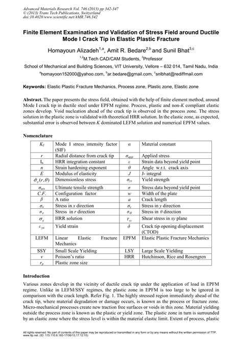 Pdf Finite Element Examination And Validation Of Stress Field Around Ductile Mode I Crack Tip