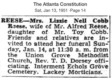 Lizzie Nell Cobb Reese Unknown 1951 Find A Grave Memorial