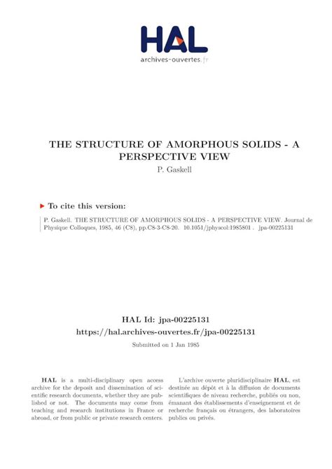 Pdf The Structure Of Amorphous Solids A Perspective View · Amorphous Solids Elemental