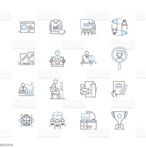 조직 구내 라인 아이콘 컬렉션입니다 환경 공간 레이아웃 디자인 사무실 건물 스타일 벡터 및 선형 그림 미학 기능성 건축술 개략