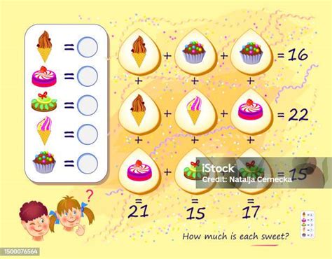 가장 똑똑한 수학 논리 퍼즐 게임 각각 얼마나 달콤합니까 예를 풀고 숫자를 씁니다 모든 방정식에 대한 해를 찾습니다 수수께끼 책 세고 놀아요 온라인 교육 0명에 대한 스톡