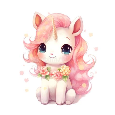 Cute Pink Unicorn Illustration With Flowers Stock Illustration