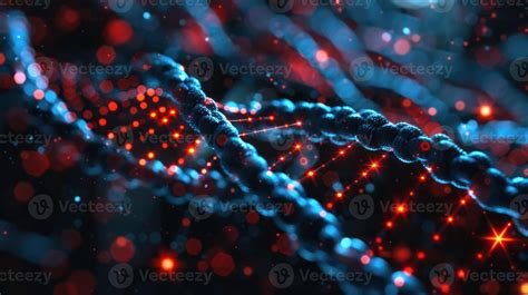 Abstract Visualization Of Dna Strands With Glowing Nodes And Particles In A Dark Background